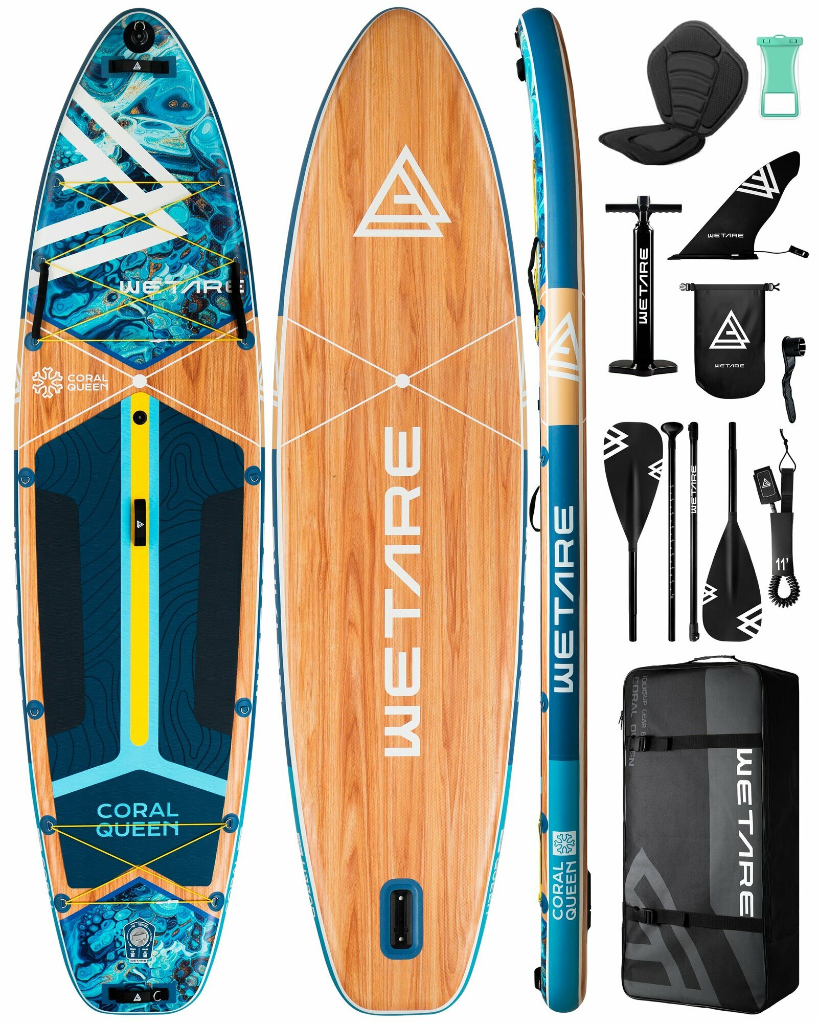 SUP-доска надувная WETARE Coral Queen BLUE PRO 11'6", 351х89х15 см, двухслойный надувной сапборд с сиденьем