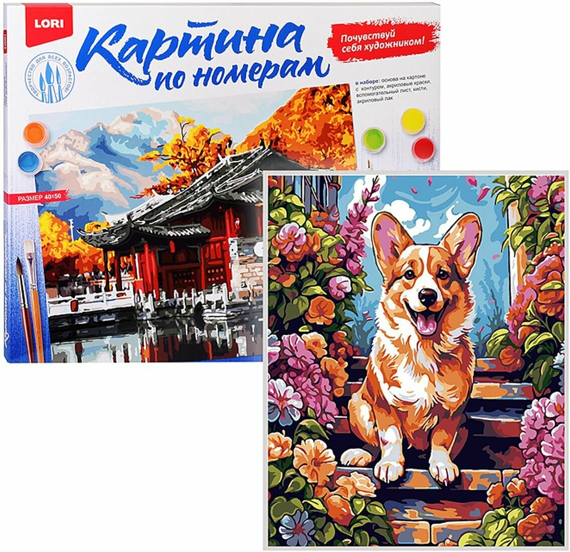 Картина по номерам на картоне "Корги в цветах", раскраска для взрослых и детей, набор для творчества, живописи и рисования красками 40х50 см