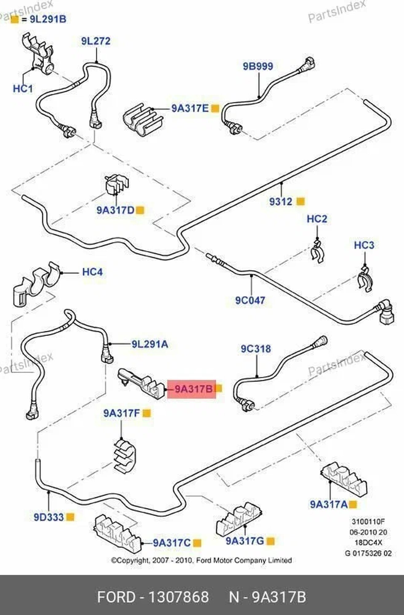 Клипса фиксации трубок под днищем автомобиля (2 гнезда), FORD 1307868