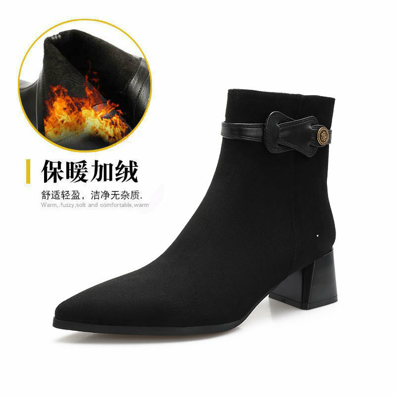 MOOCIE Женские ботильоны на толстом каблуке в стиле ретро 2025 года, новые осенне-зимние коричневые сапоги с острым носком, французские замшевые сапоги до середины голени на высоком каблуке