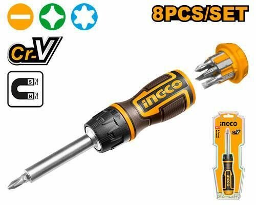 Отвёрткa тpeщоточная с битами 8 шт INGCO AKISD0808 INDUSTRIAL