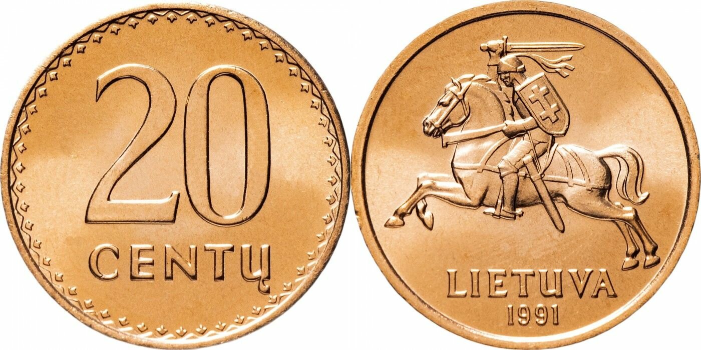 Литва 20 центов, 1991 Рыцарь XF