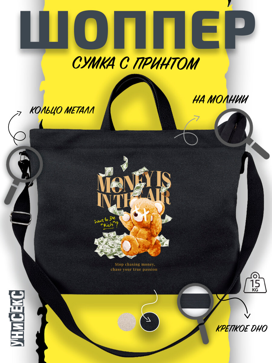 Сумка  шоппер y2k через плечо медведь money is in the air