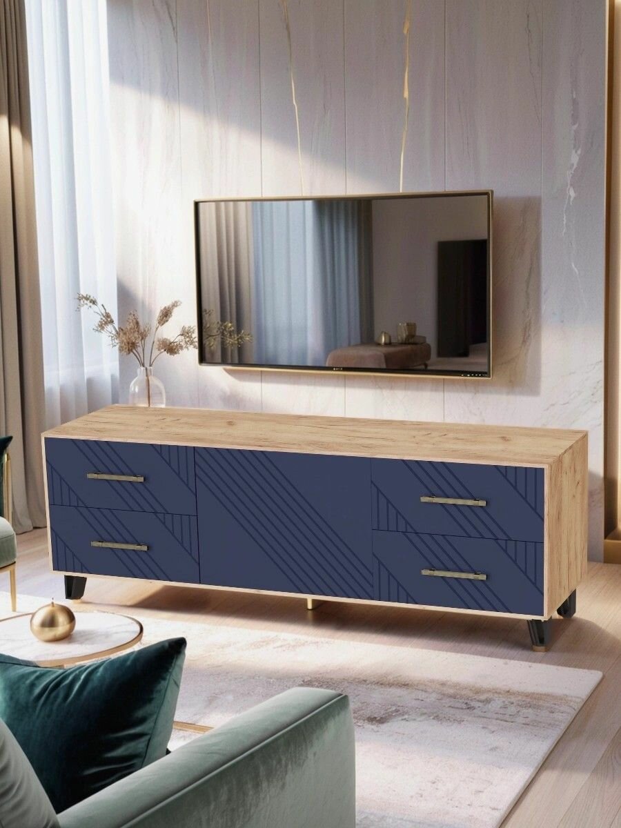 Тумба под ТВ Ирбис; 1502х540х430; дуб крафт золотой/сапфир, МДФ