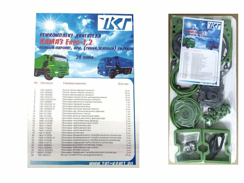 Ремкомплект двигателя Камаз Евро-1,2 полный паронит , арм. (синий зеленый)силикон