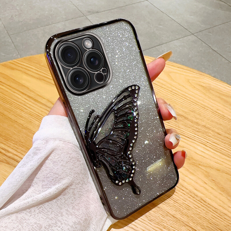 Чехол Colorful Roses "Butterfly" для iPhone 13 Promax, силикон, черный, 6D-глиттер