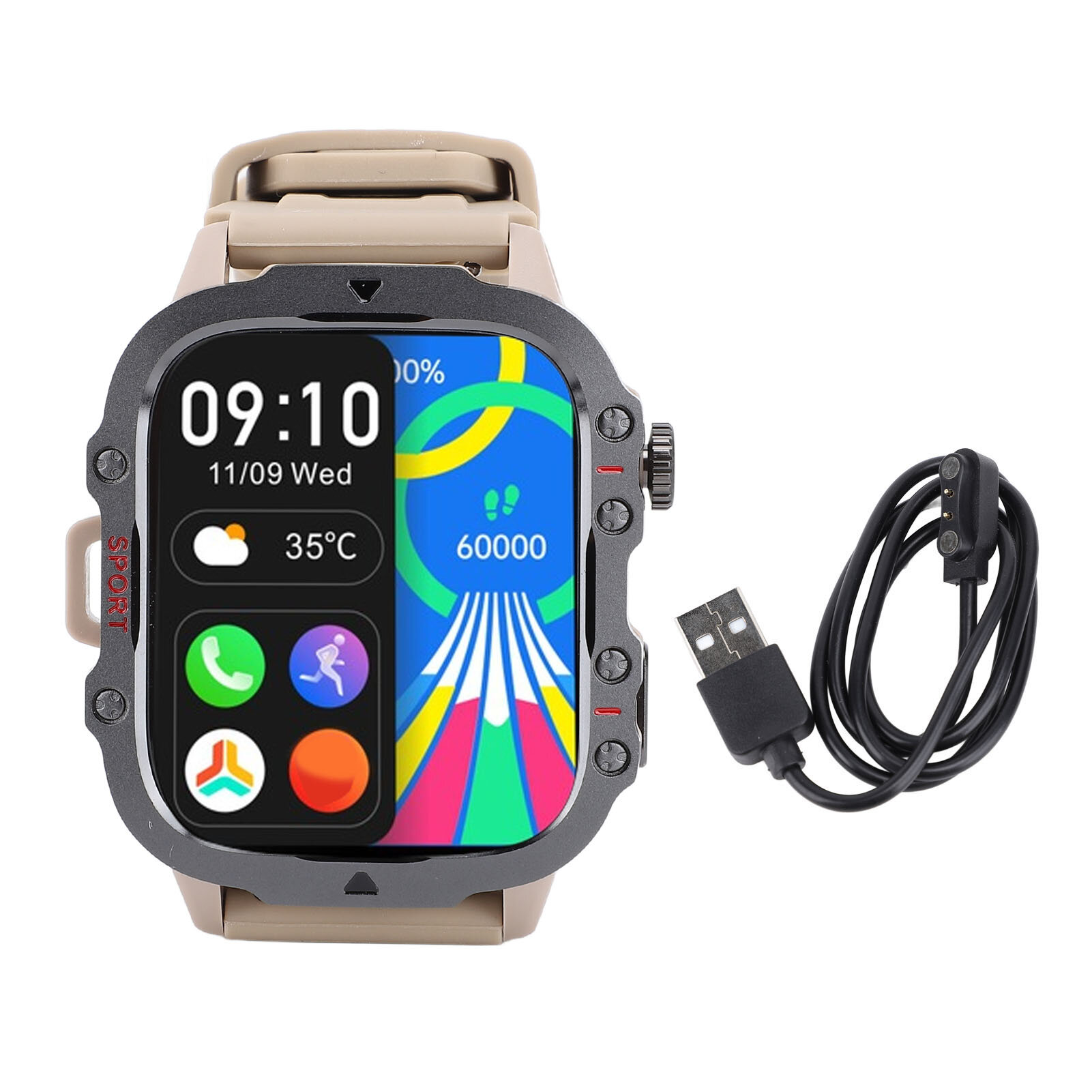 Smart Watch 30m Water Resistant Smart Watch BT Sport Watch with 1.96 Inch TFT Full Touch Screen for for Sports Beige