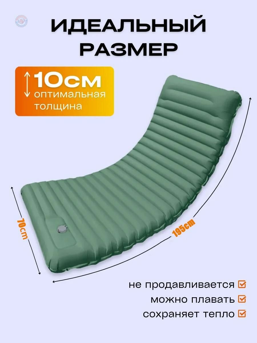 Самонадувающийся туристический матрас для кемпинга и отдыха удобный, компактный и герметичный коврик с быстрым надуванием (195x70x10 см)