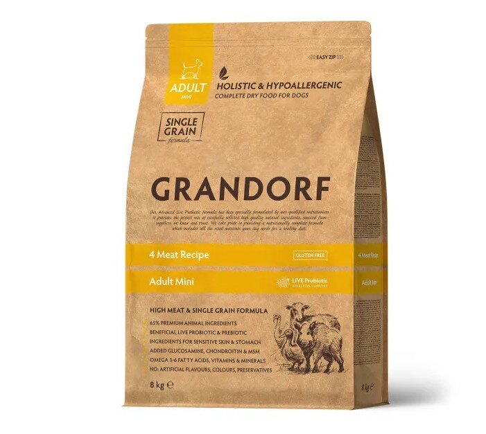 Сухой корм для собак Grandorf 4Meat & Brown Rice Adult Mini Breeds с пробиотиками 4 вида мяса , 8 кг