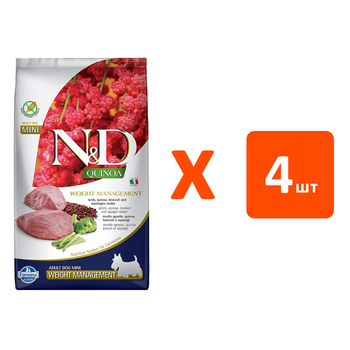 Корм сухой Farmina Dog N&D Grain Free Quinoa Adult Mini Weight Management Lamb беззерновой диетический для взрослых собак маленьких пород, ягненок и киноа, 0,8 кг х 4 шт