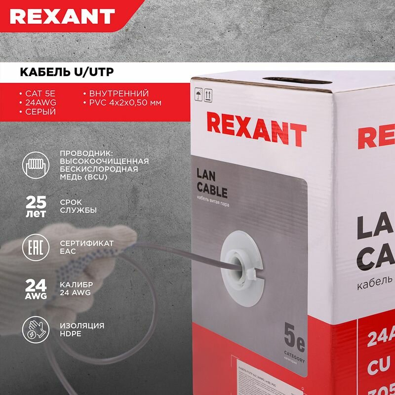 Кабель витая пара Rexant U/UTP, CAT5e, PVC, 4PR, 24AWG, внутренний, серый, бухта 305 м.