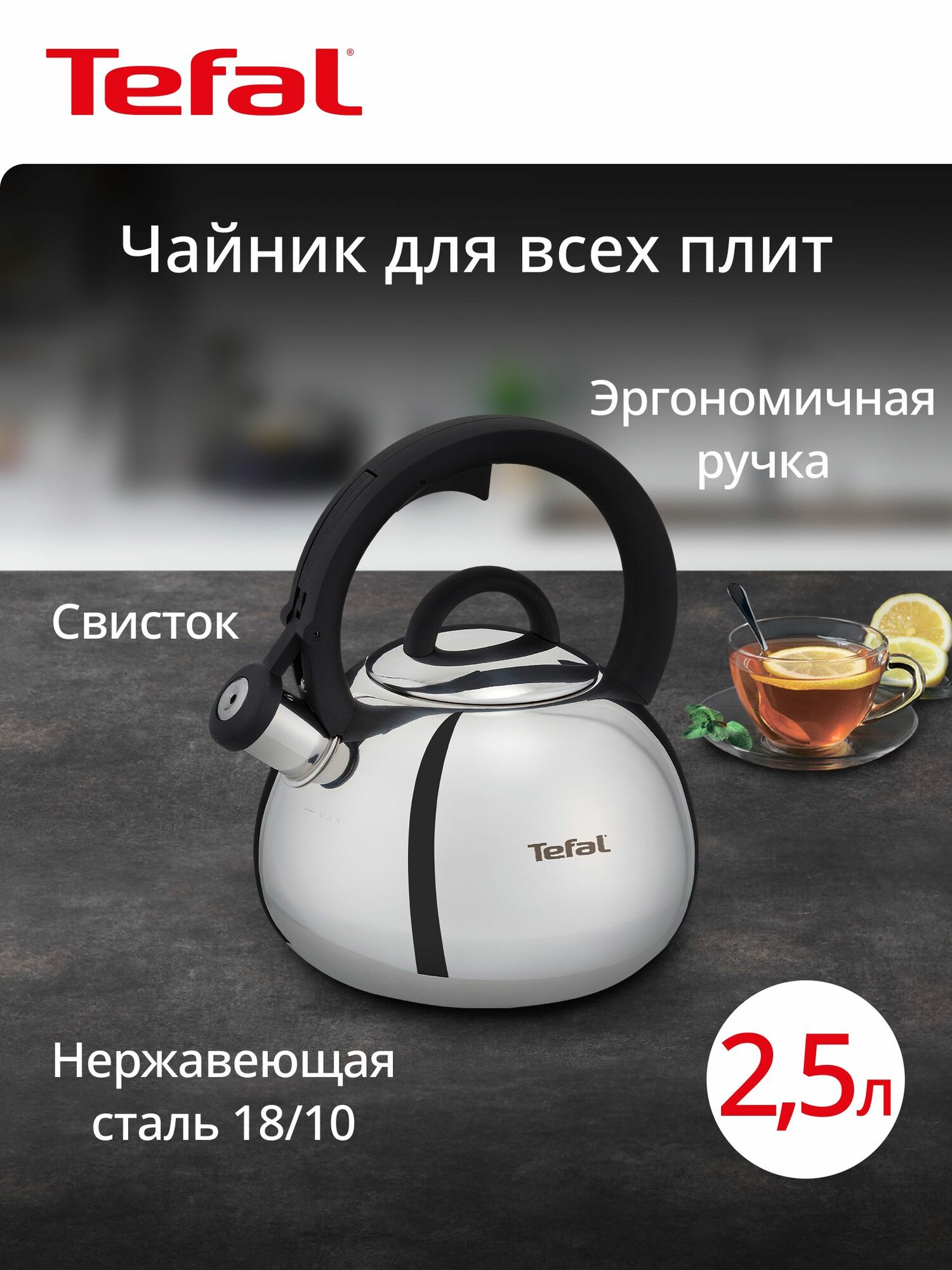 Чайник со свистком Tefal Kettle ss induction N4180317 2.5 л, подходит для газовых, электрических и индукционных плит