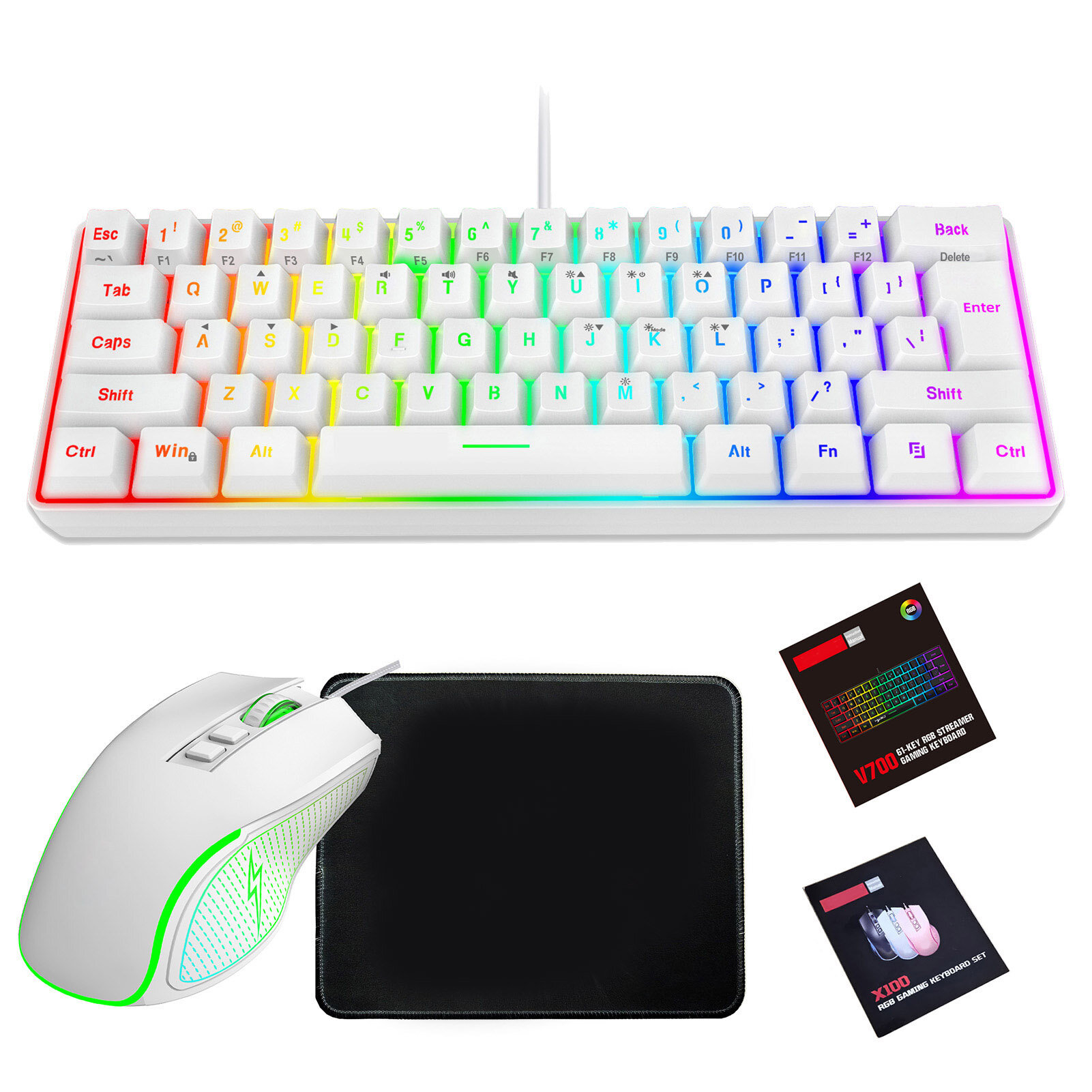 Wired Keyboard Mouse Combo with Mousepad for Gaming and Work RGB Backlit Ergonomic Design White Set