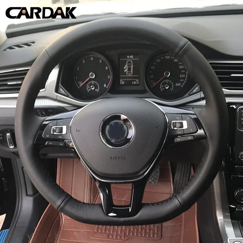 CARDAK прошитая вручную черная искусственная кожа чехол на руль для Volkswagen Golf 7 Black thread