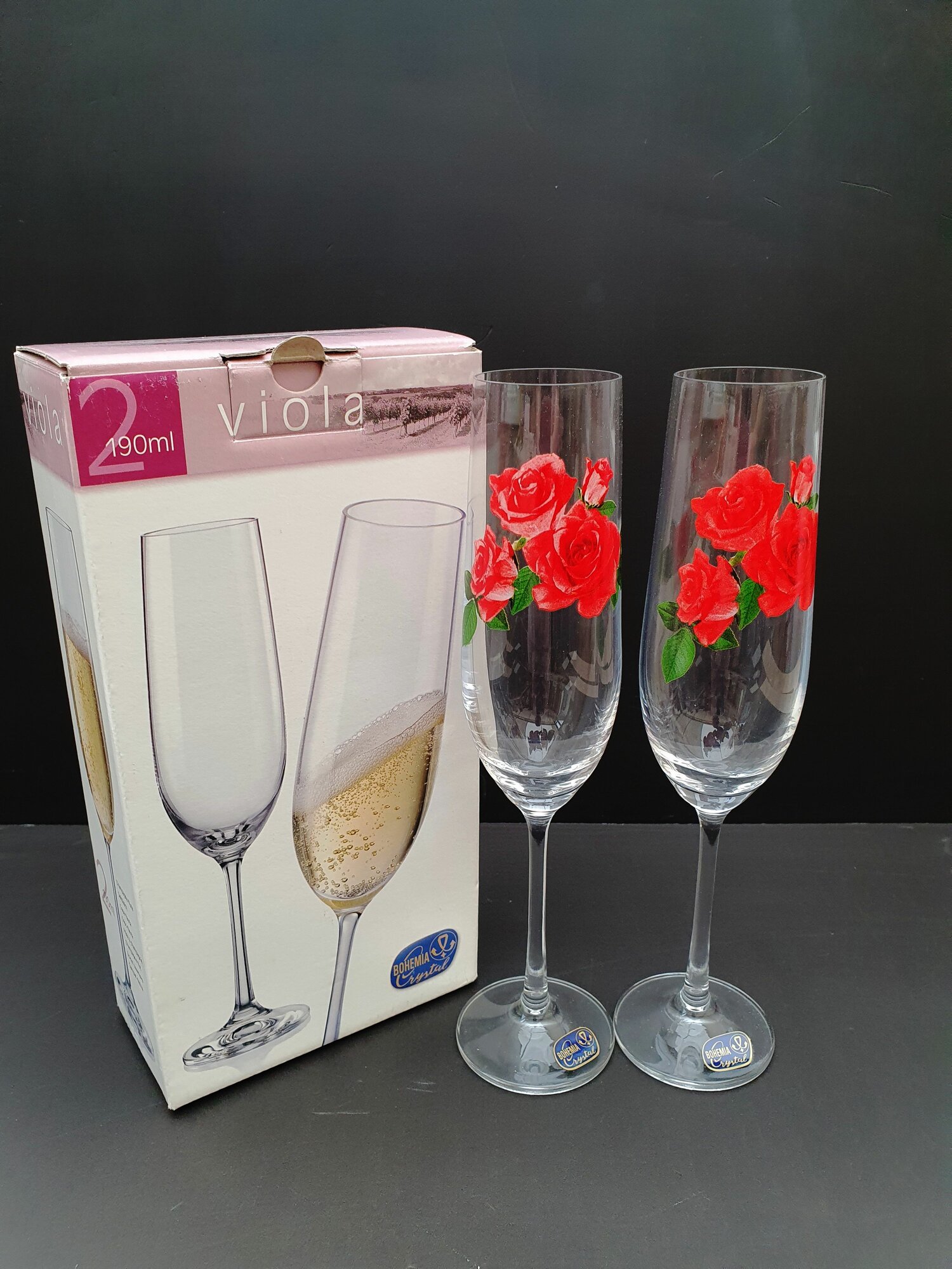Набор из 2-х бокалов для шампанского "Viola" 190ml. H-24 см. (аппликация розы). В подарочной упаковк.