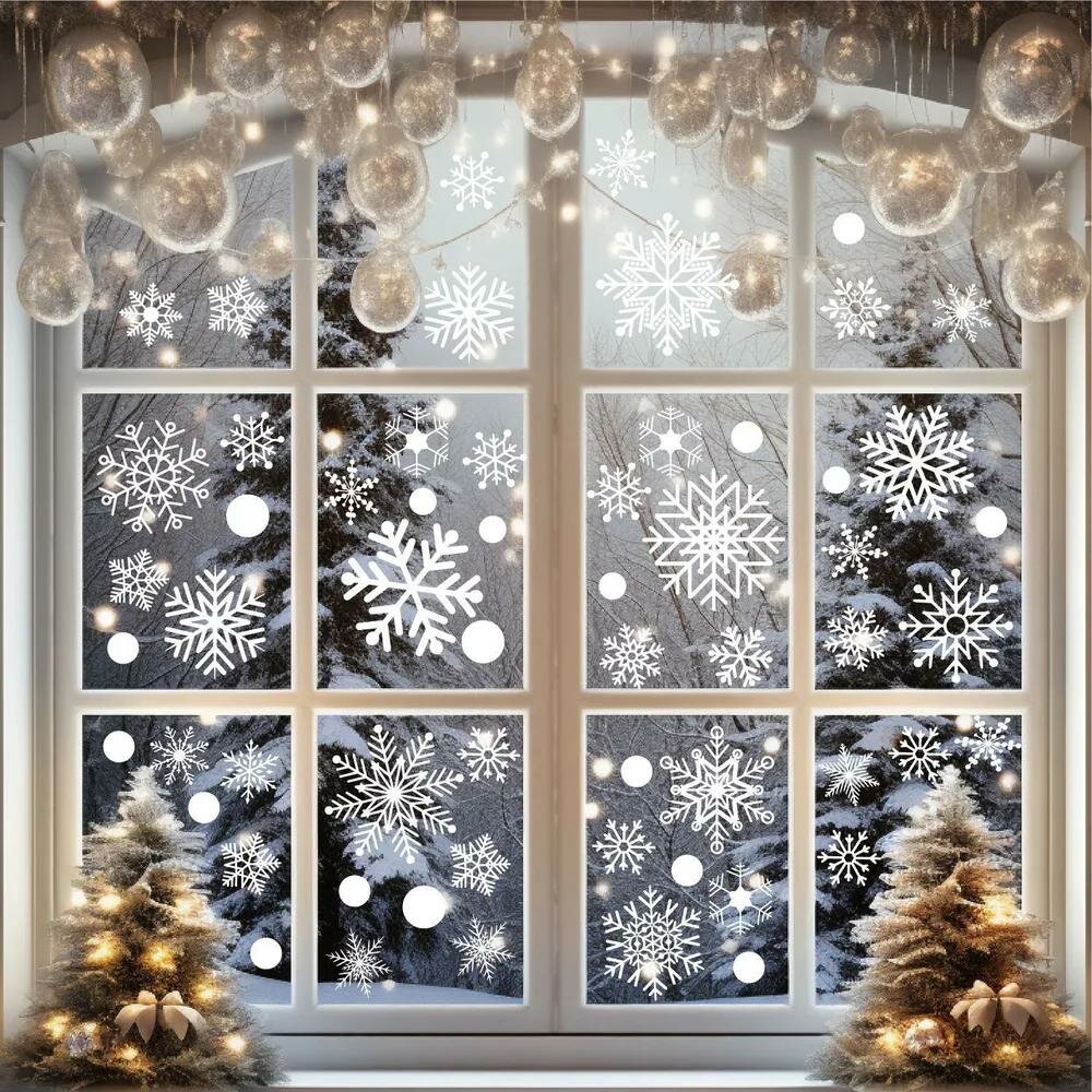 Наклейки для окон Static Snowflake 114 штук, размер 30 см, для праздничной декорации, Новогодних праздников, зимних тематик, стеклянные двери, окна, зеркала, холодильники, материал PVC-U, без клея, многоразовые, хранение в прохладном месте