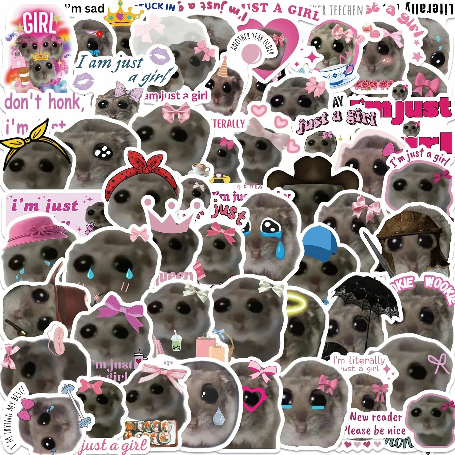 Стикеры Милые наклейки с мемами о грустном Хомячке 56pcs/Sad Hamster Meme Decals Cute Stickers