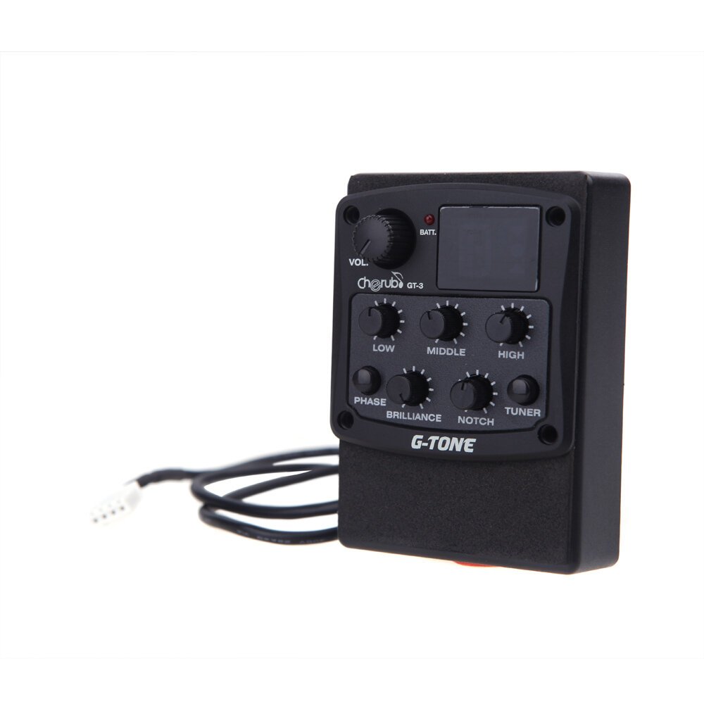 Cherub G-Tone 3-Band EQ Equalizer Акустический гитарный преамп Пьезо-пик업 LCD-Тюнер, 3-полосный эквалайзер, фаза, тюнер, контроль тона и громкости, частотный диапазон 20Hz-20kHz, LED, батарейка 9V (не включена), входное сопротивление 10MΩ, размер