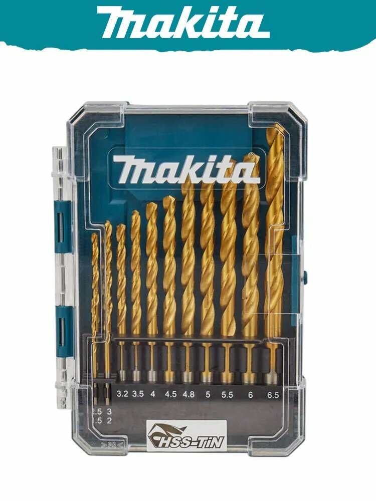 Makita D-72855 HSS TIN Eco, 13 шт, Набор сверл пробойники для отверстий, титановое покрытие, электрические сверла для домашнего использования Makita D-72855 HSS TIN Eco, 13 件套，钻孔套装，钛涂层，家用电动钻