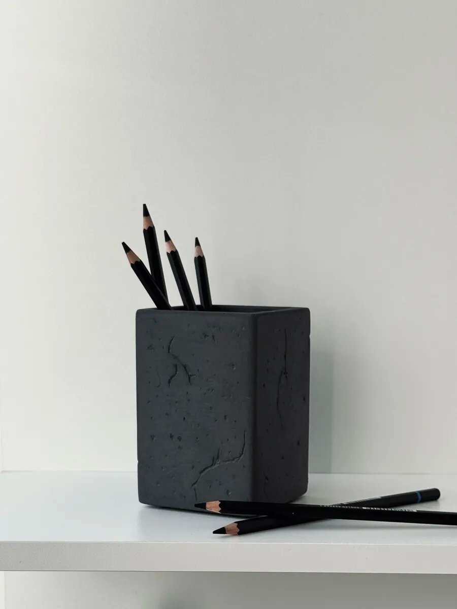 Стакан Grafit, для канцелярии, квадратный, 12x8см, бетон, графит