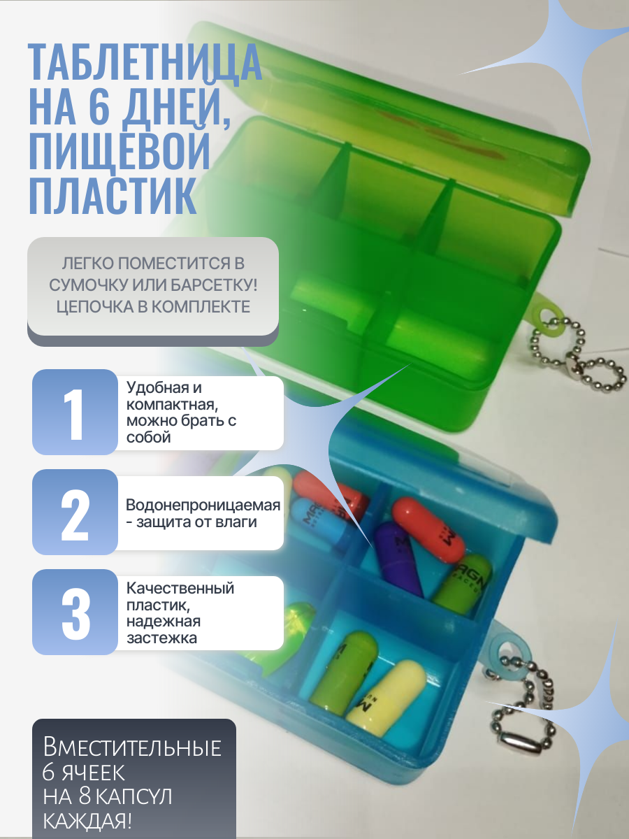 Контейнер для капсул TSP "KL-7506", голубой, 6 отделений, 9,5х6,5х3 см