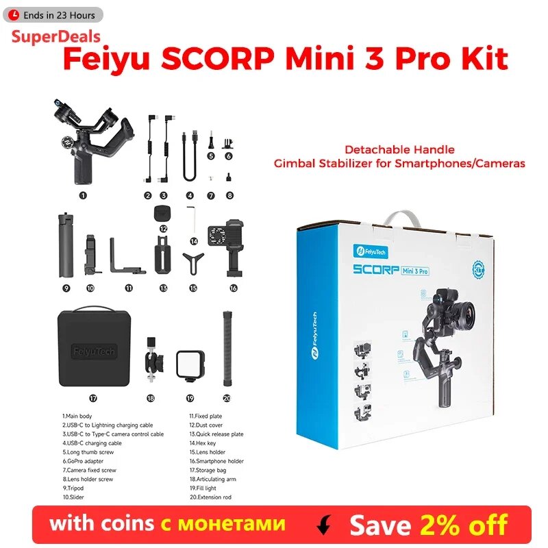 Feiyu SCORP Mini 3 Pro AI Tracking Detachable Remote Handle 3-axis Gimbal Stabilizer for Smartphone Mirrorless Action Cameras