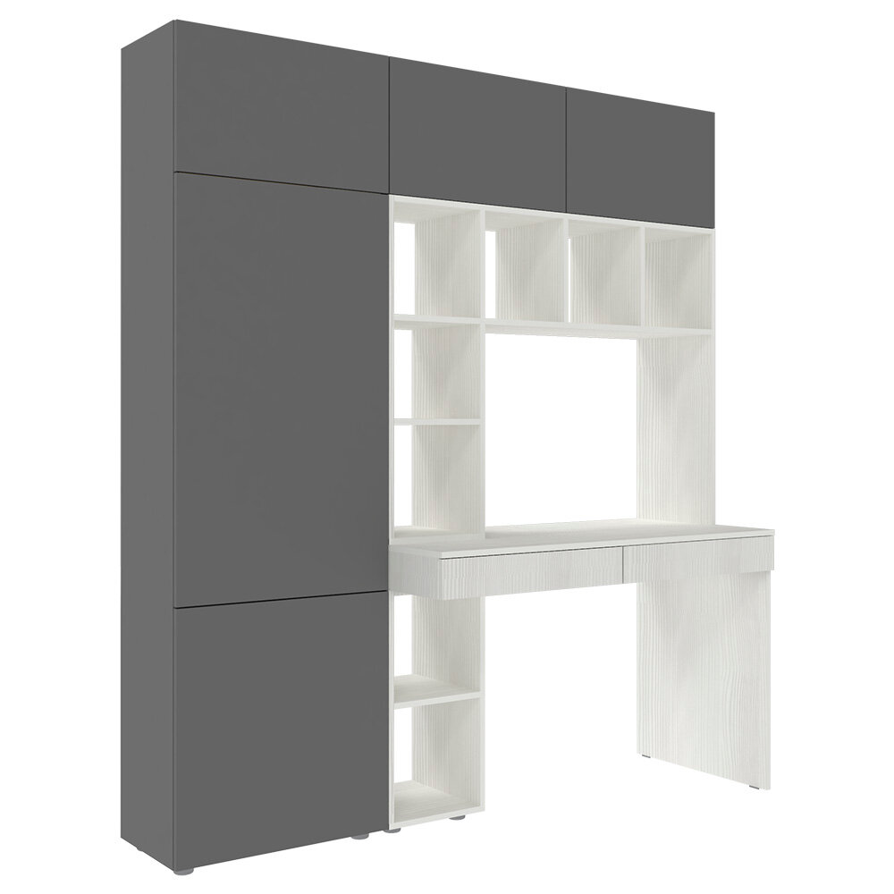 Стол письменный со стеллажом и шкафом 1800 Белое Дерево Темно-серый