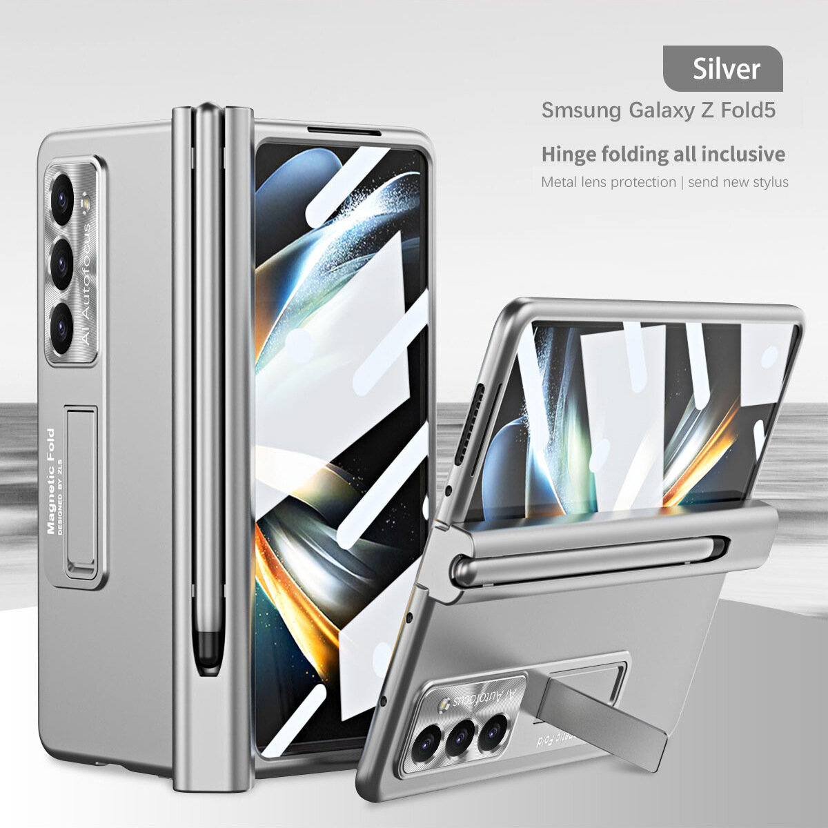 Серебристый чехол с пазом для ручки и шарниром для Samsung Galaxy Z Fold 3 - Магнитная защита и премиальный дизайн