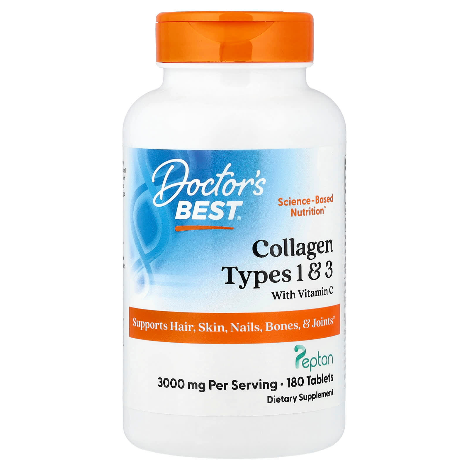 Doctor's Best, Коллаген 1 и 3 типа с Пептан и Витамином С, для кожи и суставов, 180 таблеток