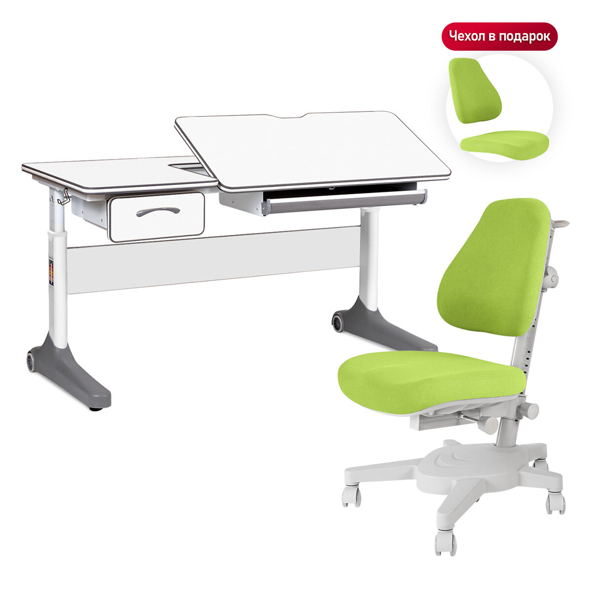 Комплект Anatomica Uniqa Lite парта + кресло белый/серый с зеленым креслом Armata
