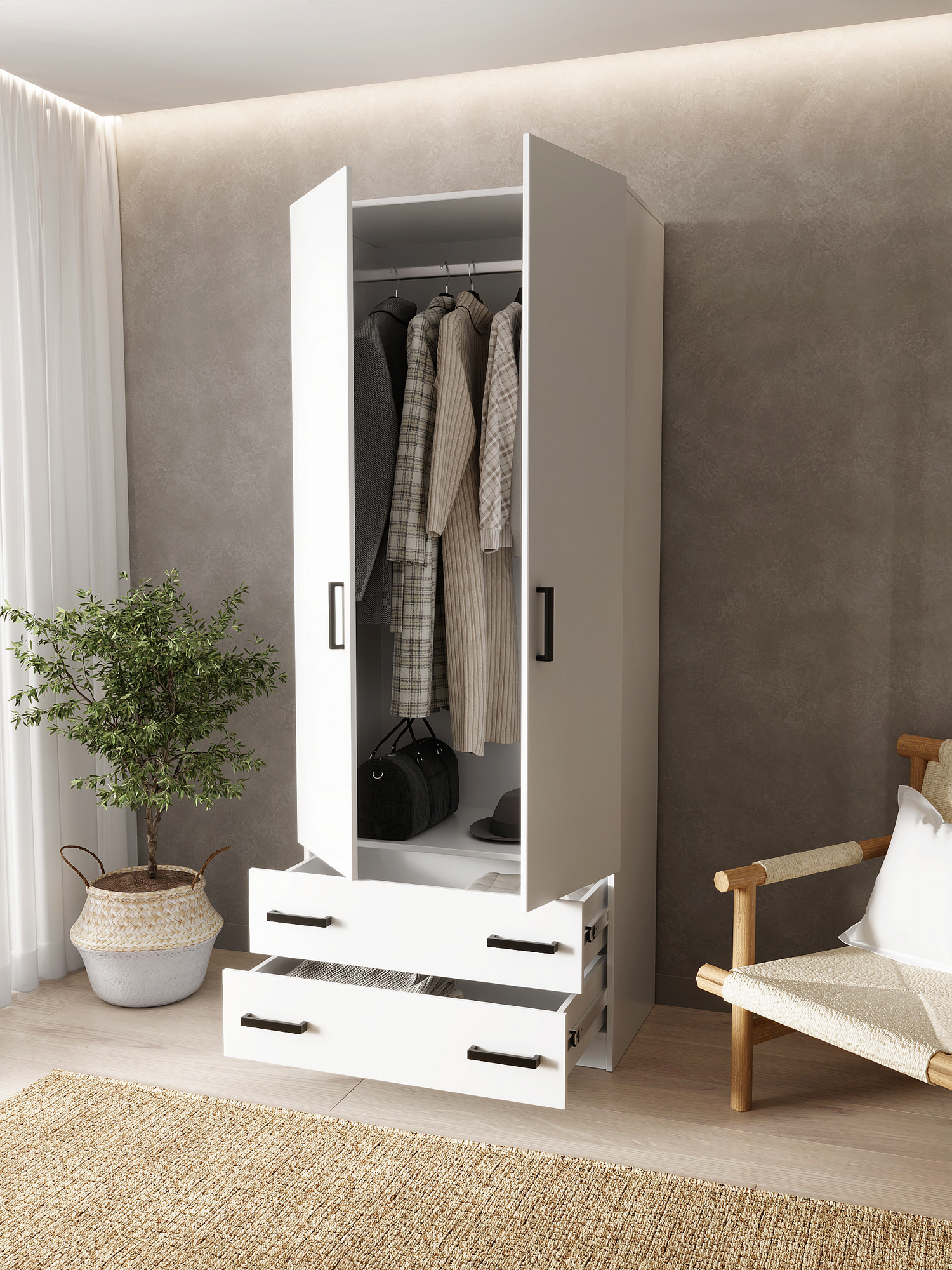 Шкаф A-A MEBEL для одежды РИК распашной двухстворчатый с ящиками и штангой платяной 80х48х204 см белый