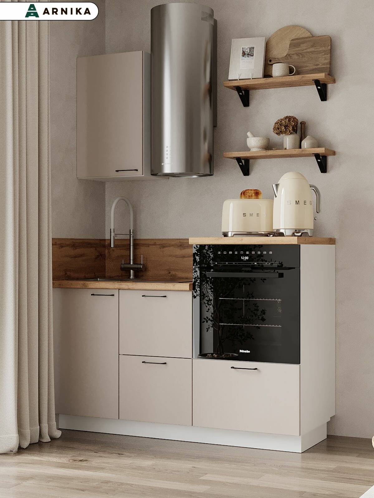 ARNIKA Кухонный гарнитур со столешницей "Дакия" 1,5м х 2,4м, цвет магнолия (бежевый), фасад пленка ПВХ