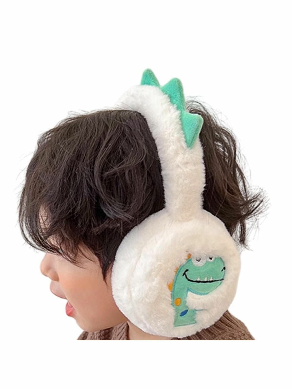Наушники меховые, Милые детские наушники с маленьким динозавром_белый