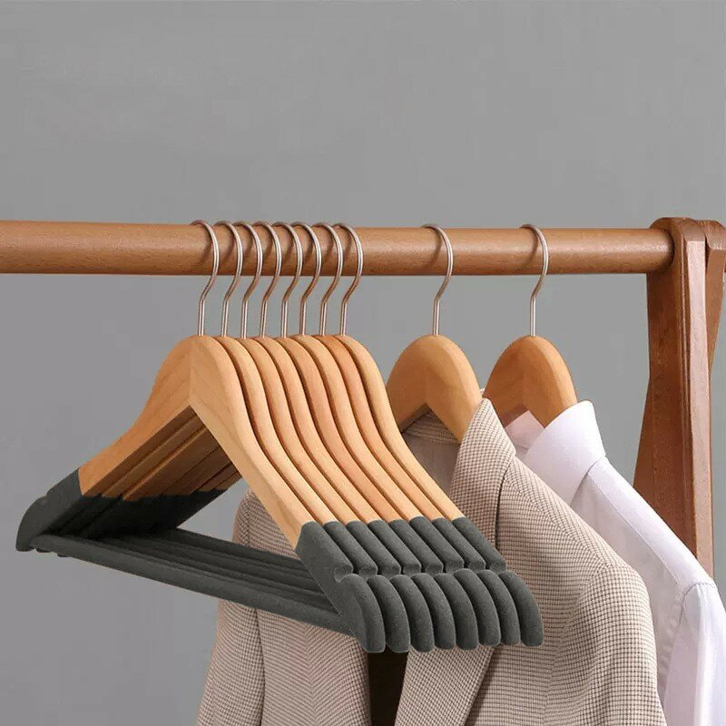 Флокированные вешалки из цельного дерева в шкаф для хранения нескользящей и без следов Бревно-серый бархат_1 шт