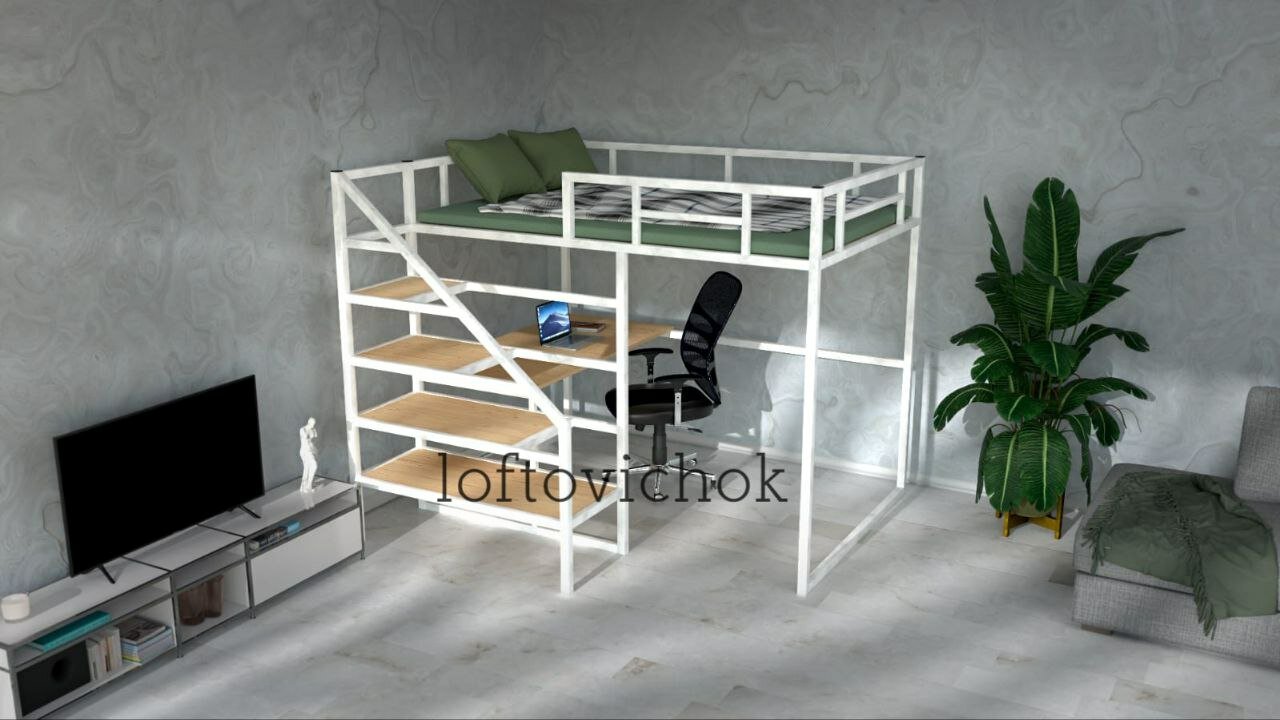 Кровать чердак "Verona" , белая , 160*190*200 лофт , металлическая