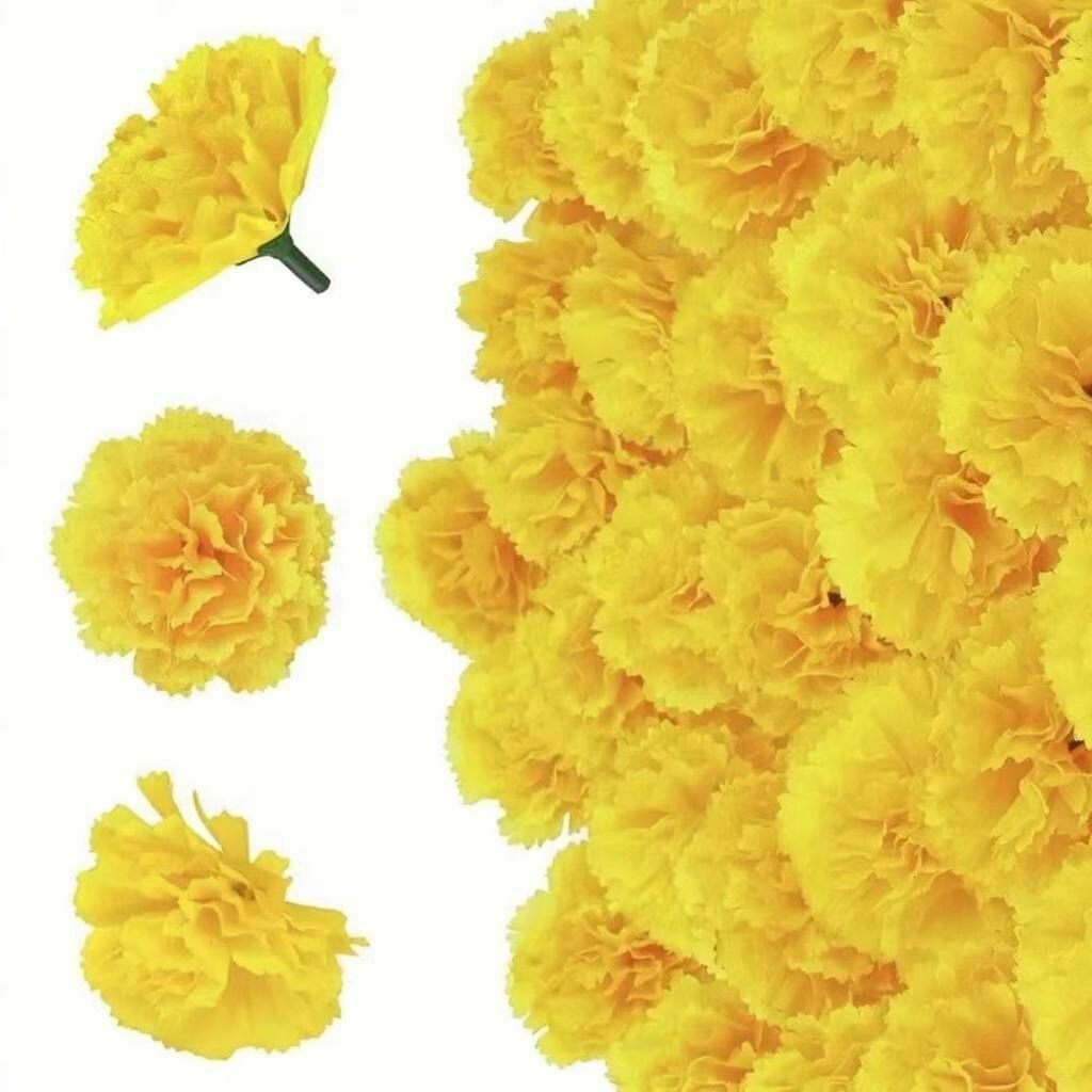 Набор из 50 искусственных бархатцев с гибкими стеблями для оформления Хэллоуина и свадеб, Желтый