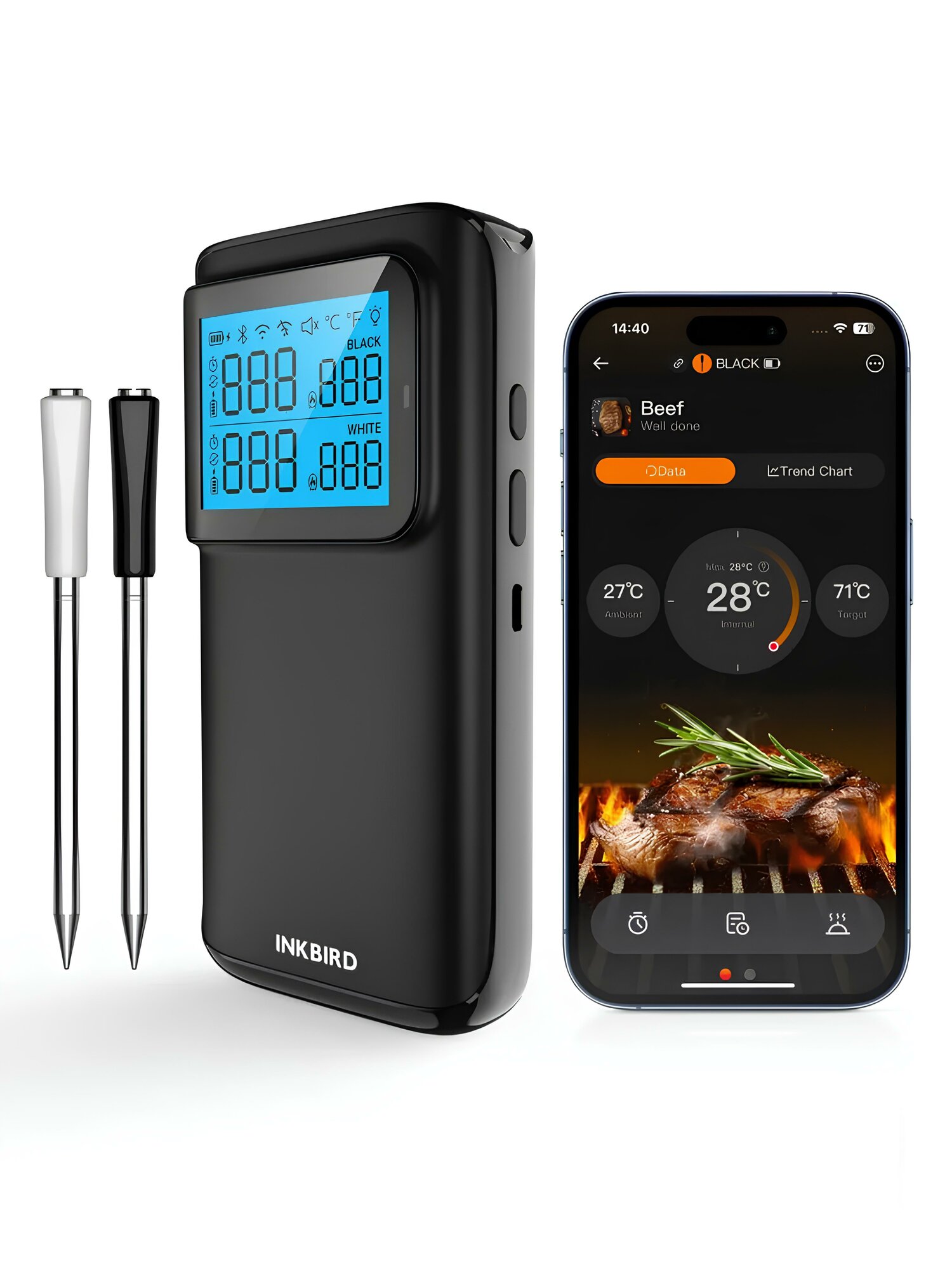 Термометр INKBIRD INT-12EBW, для мяса, с двумя щупами, беспроводной, сталь, керамика, черный