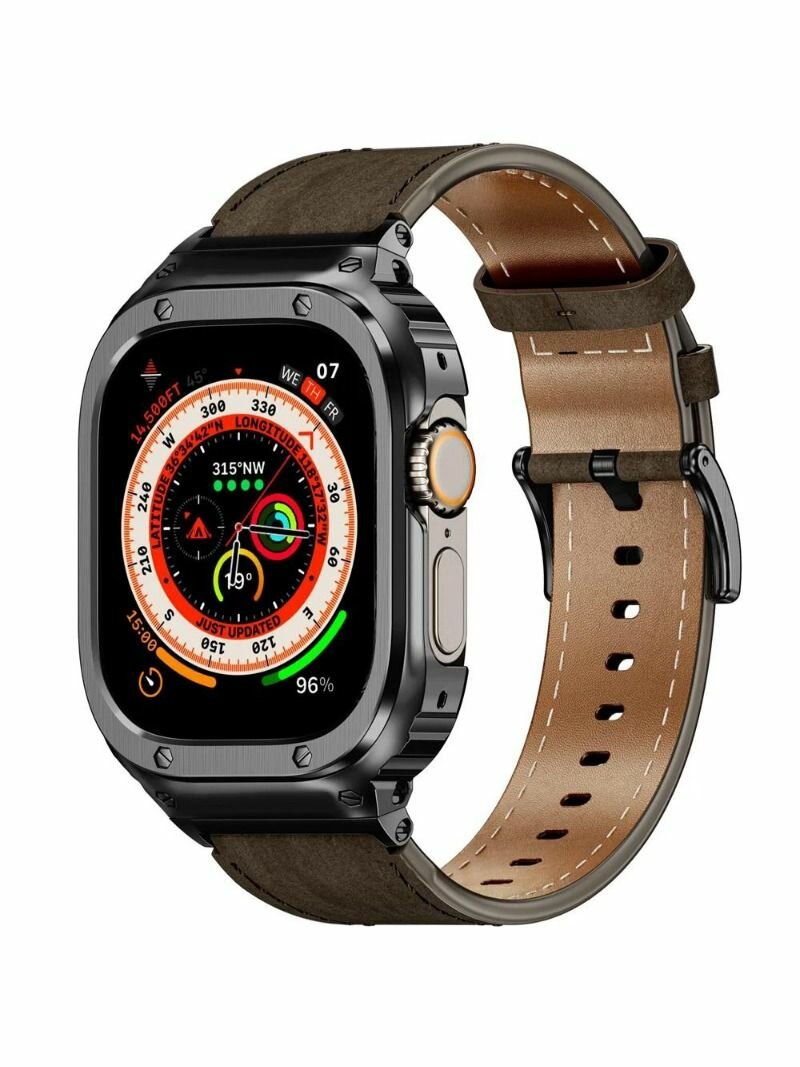 Металлический защитный корпус и кожаный ремень для Apple Watch, браслет серии iWatch SE 6/7/8
