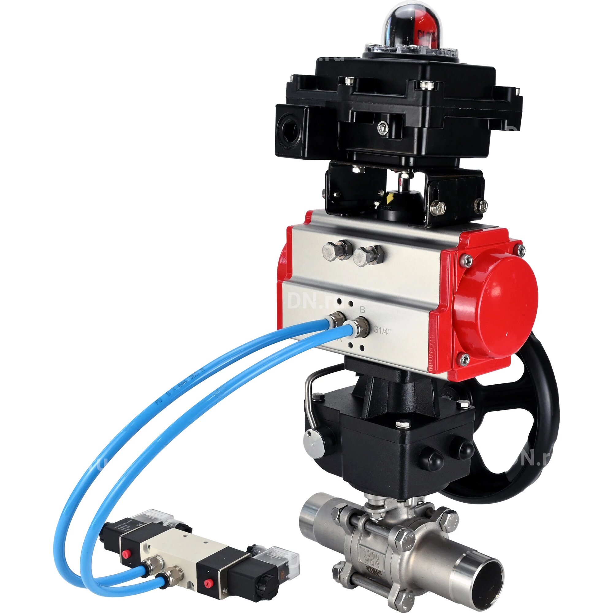 Кран шаровой DN.ru 316-316-PTFE-W-ISO-H Ду50 Ру40 полнопроходной, корпус - нержавеющая сталь 316, уплотнение - PTFE, под приварку, с пневмоприводом DA-083, пневмораспределителем PND1-S2EM-52-2-T08-220VAC, редуктором HDM-2 и БКВ LSB-410-02ExM12-250