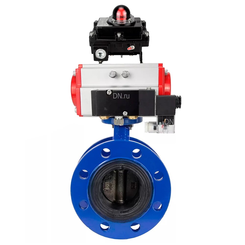 Затвор дисковый поворотный DN. ru GGG40-304-EPDM-2W-F-H Ду100 Ру16 корпус - чугун GGG40, диск - нерж. сталь 304, уплотнение - EPDM, с пневмоприводом SA-140, пневмораспределителем PND2-S1EM-52-1NC-J08-24VDC и БКВ LSB-410-02ExM12-250