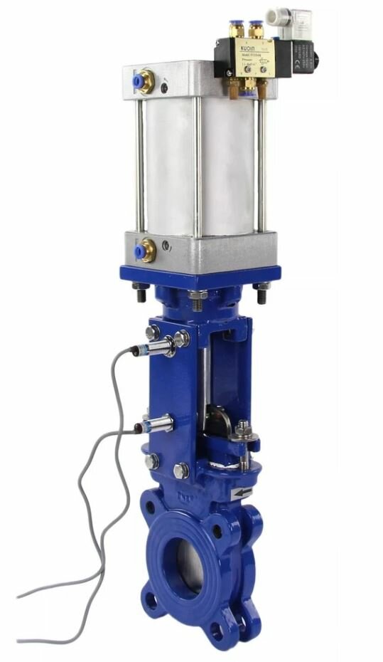 Задвижка шиберная DN.ru WCB-304-M-1W-Fb-2P Ду150 Ру10 межфланцевая, с выдвижным шпинделем, корпус - сталь WCB, уплотнение - METAL, с пневмоприводом, WENZ и пневмораспределителем PND3-S1EM-52-1NC-J08-220VAC