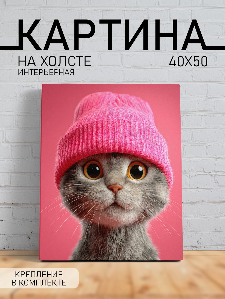 Картина на стену для интерьера на холсте с подрамником "Кот в розовой шапке", 40х50 см