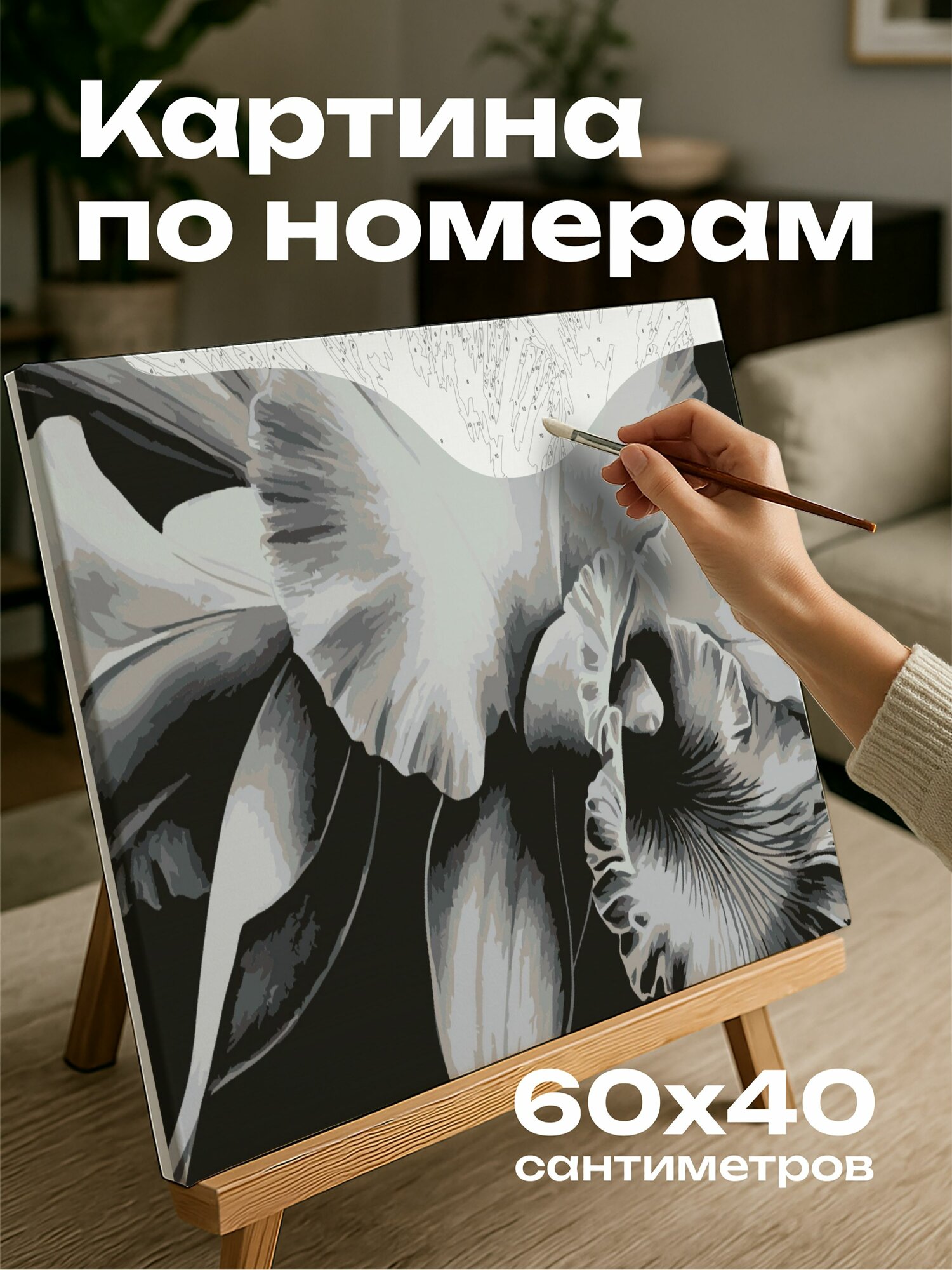 Картина по номерам 60x40 см, орхидея, уголь, детальный, величественный, штрихи, царственная красота, темные тонов