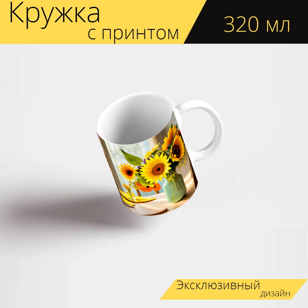 Кружка с рисунком, принтом "Яркие настольные цветы с подсолнухами и ромашками, освещенные светом вечером. используйте акрил для создания ярких и смелых цветовых сочетаний." 320 мл.