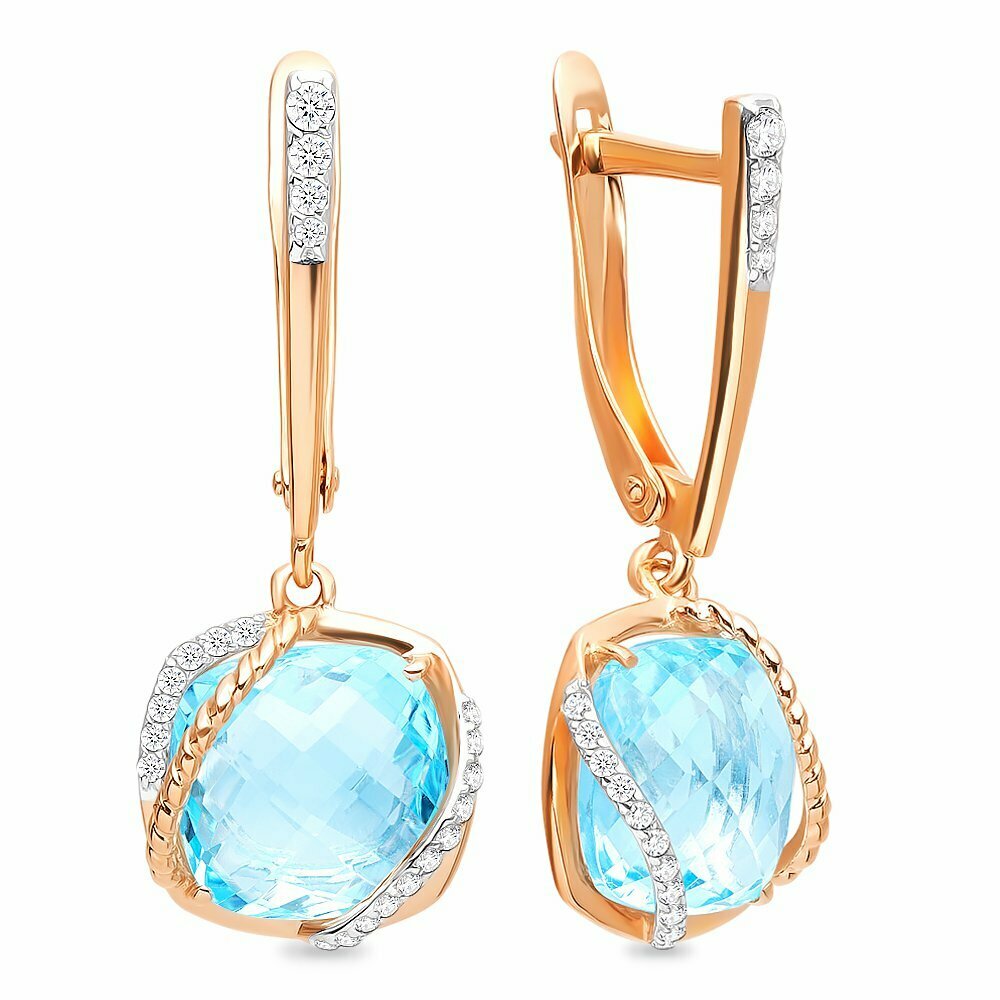 Серьги, красное золото, 585 проба, родирование, топаз, фианит