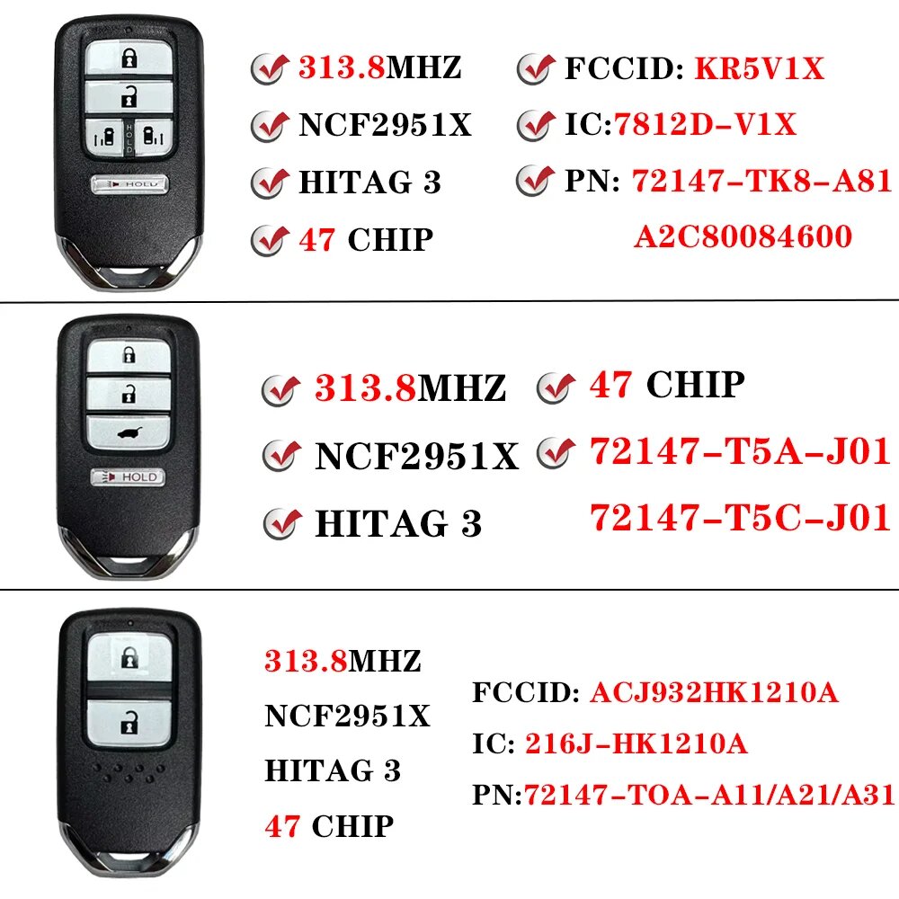 Для Honda 313.8MHz 5 кнопок KR5V1X ID47 ключ