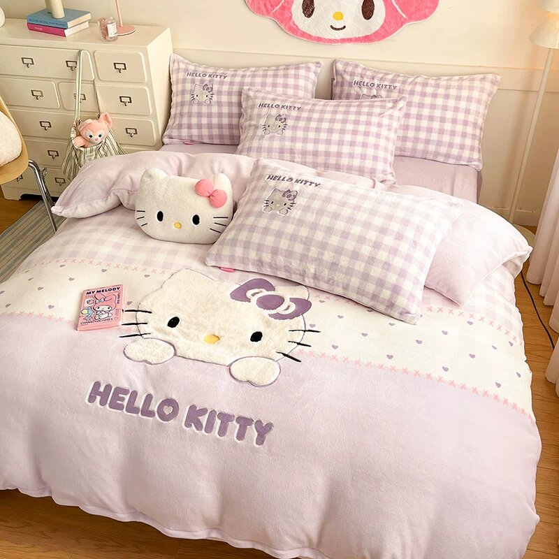 Милый девичий комплект постельного белья HelloKitty из молочного вельвета с вышивкой, включающий пододеяльник на