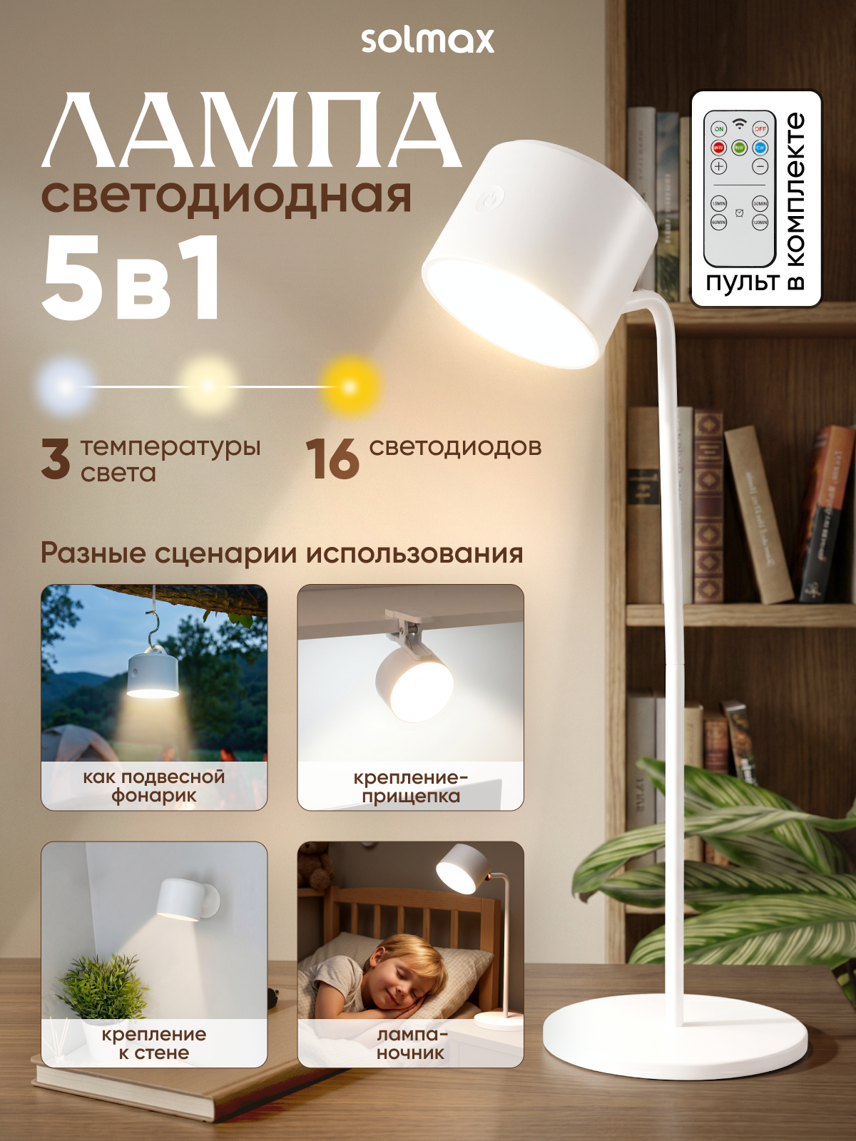 Светильник-трансформер Solmax настенный 5 в 1, настольный, магнитный на прищепке, корпус металл, Лампа настольная, Белый