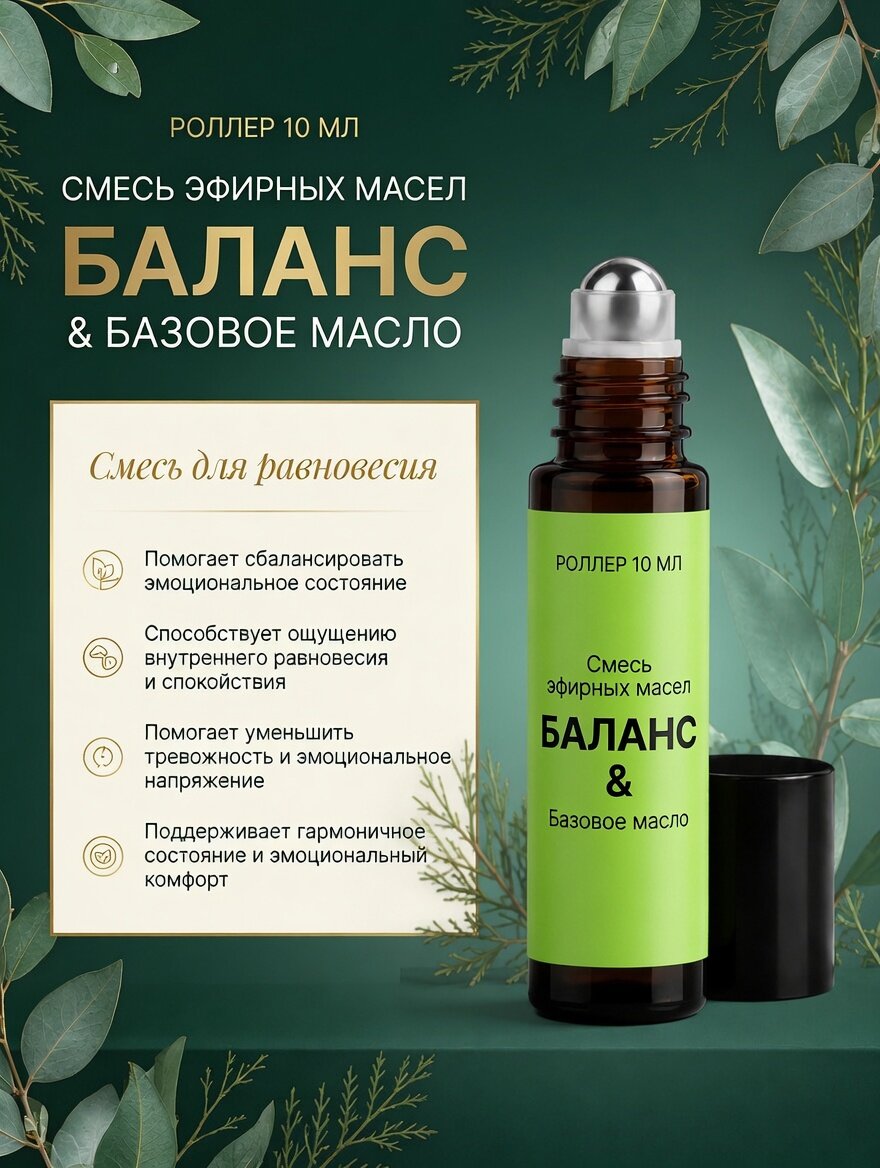 Роллер 10 мл, Смесь эфирных масел Баланс, 100% натуральное эфирное масло, кокосовое масло, США