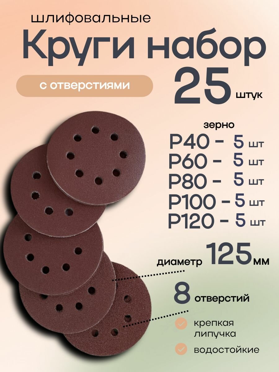 125мм P40, P60, P80, P100, P120. 25штук. Круг шлифовальный (Набор) на липучке с отверстиями абразивные круги диски шлифовальные разные зернистости